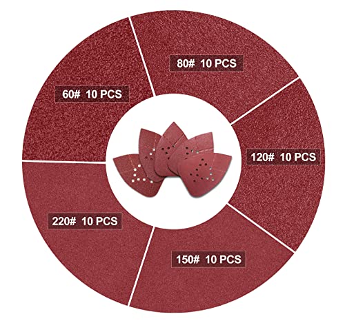 S SATC Mouse Detail Sander Sandpaper 50 PCS Mouse Sanding Pads 12 Hole Mouse Sandpaper Assorted 60/80/120/150/220 Grits