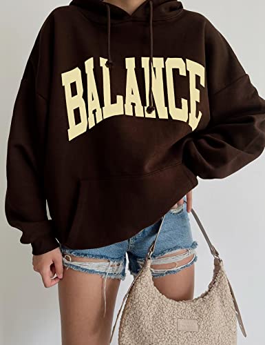 Wyeysyt Women's Letter Graphic Hoodies Casual Fashion Drawstring Sweatshirt Long Sleeve Y2k Print Pullover(Coffee-M)