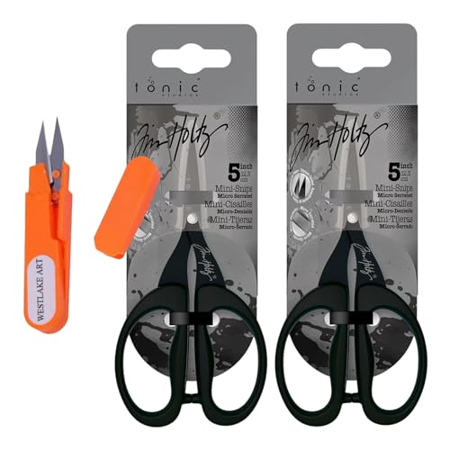 TONIC STUDIOS Tim Holtz Tonic Scissors, 1.06 oz, Bundle with Westlake Art Embroidery Scissors - Precision Cutting, Micro-Serrated Edge, Titanium Coated, for Crafting & Sewing (Pack of 2)