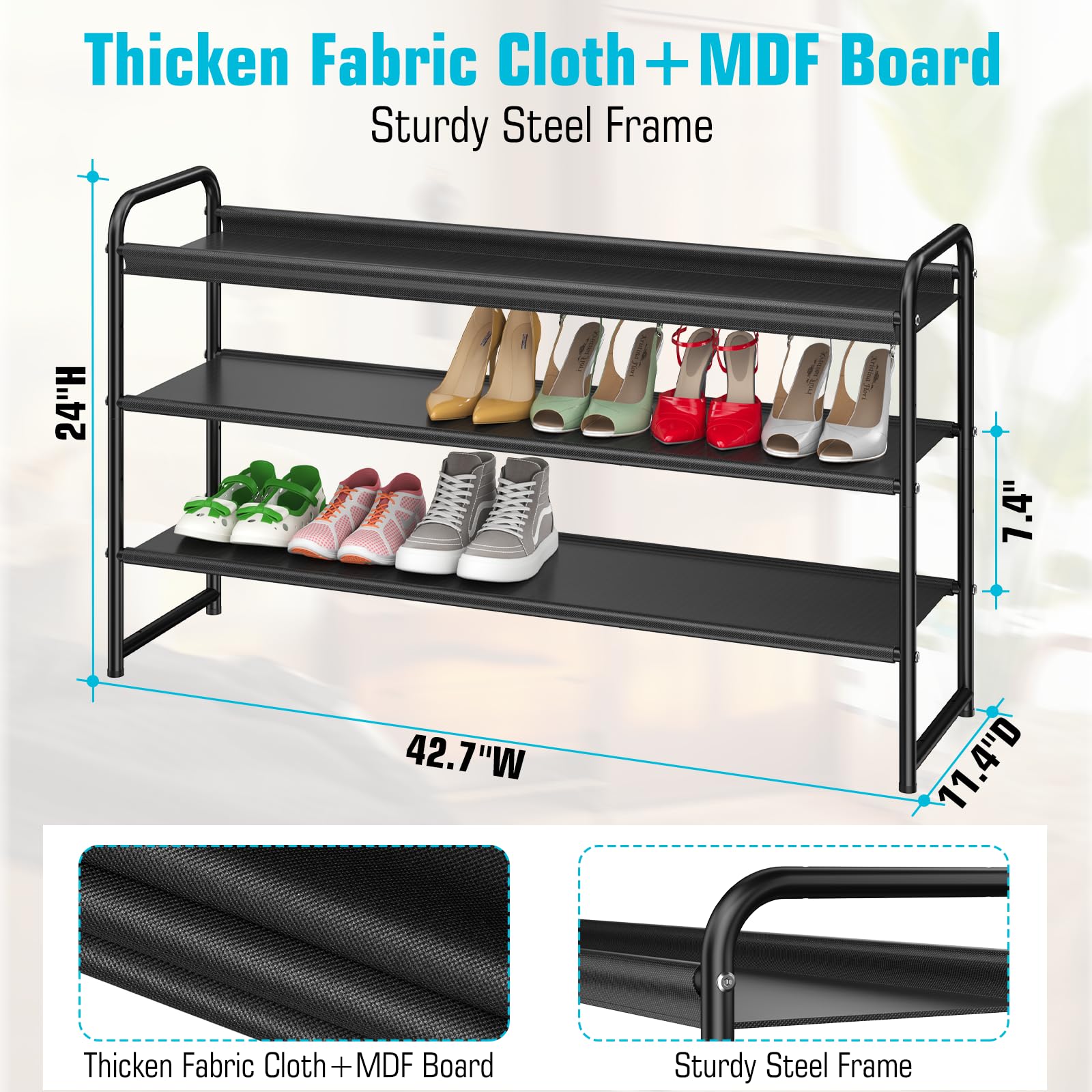 HYSEYY Long Shoe Rack for Closet, 3-tier Shoe Organizer Storage for Closet Holds 20-24 Pairs, Large Fabric Stackable Shoe Rack Shelf for Entryway, Bedroom, Floor, Black