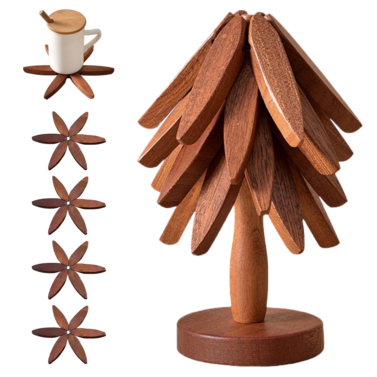 Wooden Trivets for Hot Dishes, Tree Shape Trivet Set,Trivets for Hot Dishes - 4 Wooden Trivets + 1 Stand stored Like a Christmas Tree (Walnut Wood)