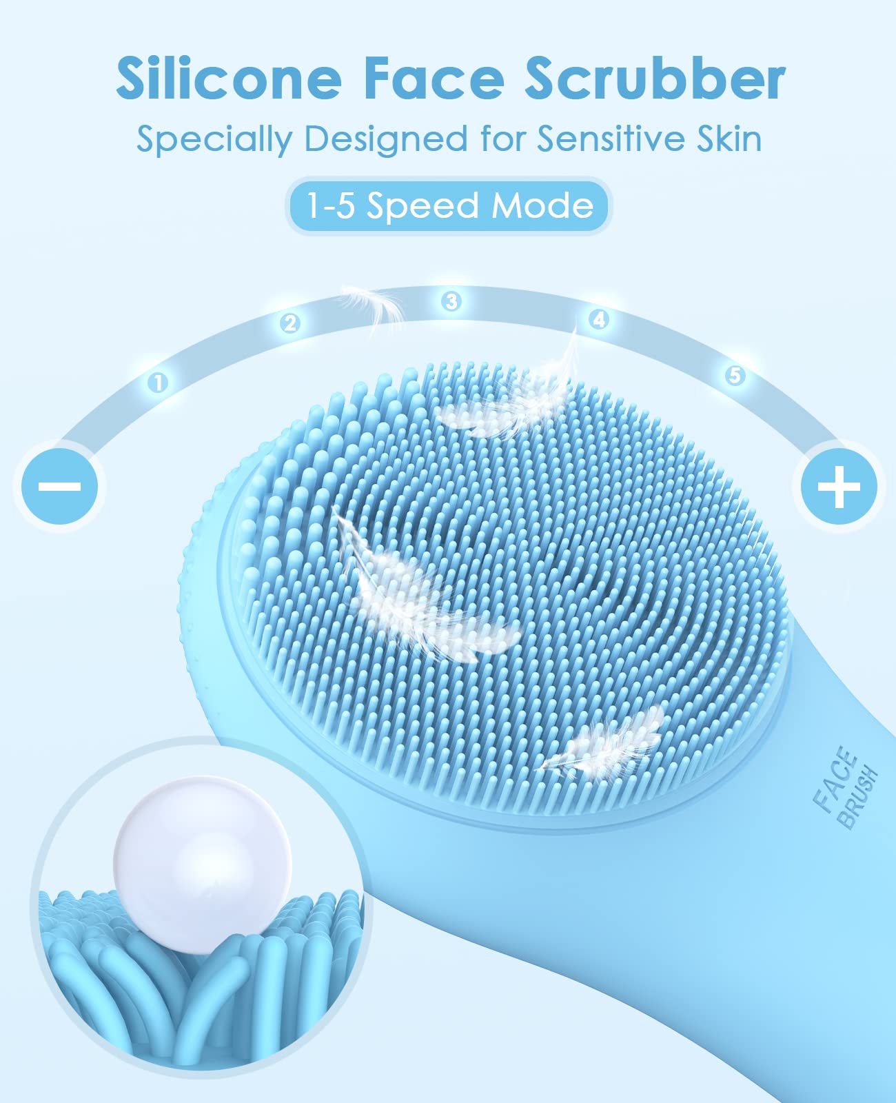 Sonic Silicone Face Scrubber for Sensitive Skin Waterproof Electric Facial Cleansing Brush with Base, Jack&Rose Inductive Charging Face Exfoliator Brush—Sky Blue
