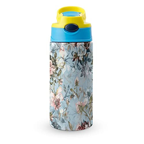 Thermos Cup 500Ml Watercolor Flower Insulated Water Bottle With Straw For Sports And Travel