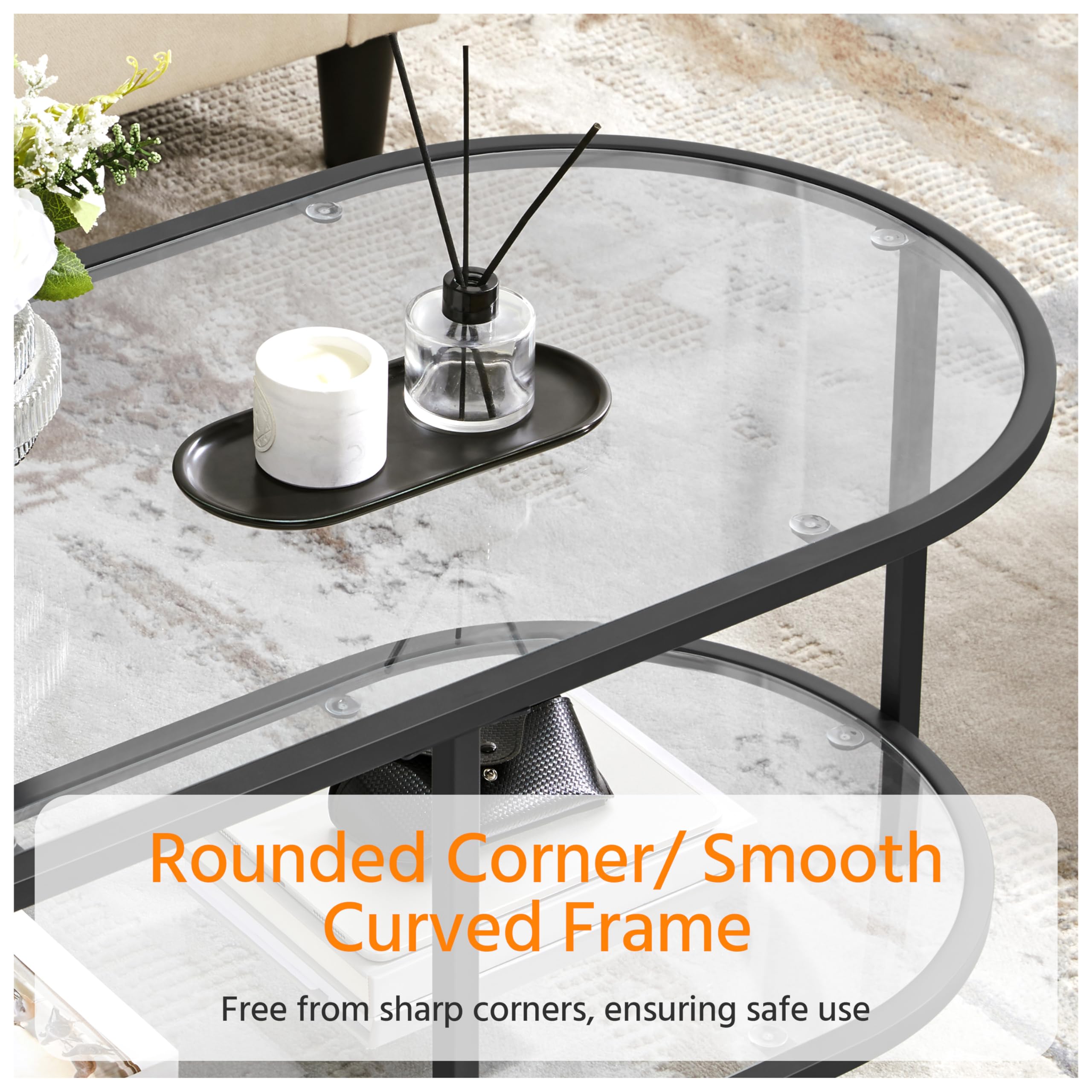 Yaheetech Glass Coffee Table, Black Small Coffee Table for Living Room, 2-Tier Modern Center Tea Table with Storage Shelf for Small Space, Apartment