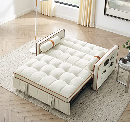 YWUFUART Modern 55.5 '' Pull-Out Sofa Bed, Double Sofa Side Pockets, Velvet Sofa Couch, Adjustable Backrest and Waist Pillow for Apartment Office Living Room(Beige)