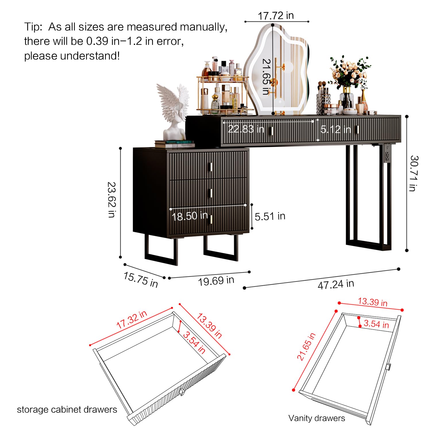 Vanity desk with mirror and lights, with 3 Color Touch Screen Dimming Mirror, Modern Retractable Makeup Dressing Table with Adjustable Cabinet and 5 Sliding Drawers,Vanity Table with Power Strip,Black