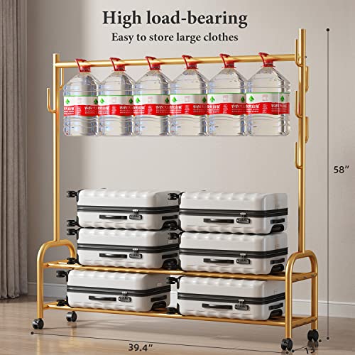 Thick forest Gold Clothes Rack Gold Clothing Rack Gold Garment Rack Rolling Organizer with Wheels Bottom Shelves Double Tiers for Multipurpose (Gold)
