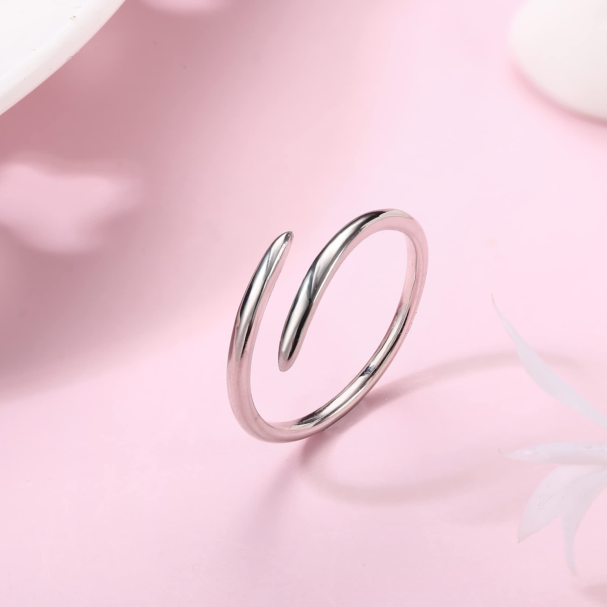 MILACOLATO 925 Sterling Silver Rings Set 18K White Gold Plated Two Row Feather Twist Eternity Band Rings Open Adjustable Stackable Knuckle Pinky Rings for Women