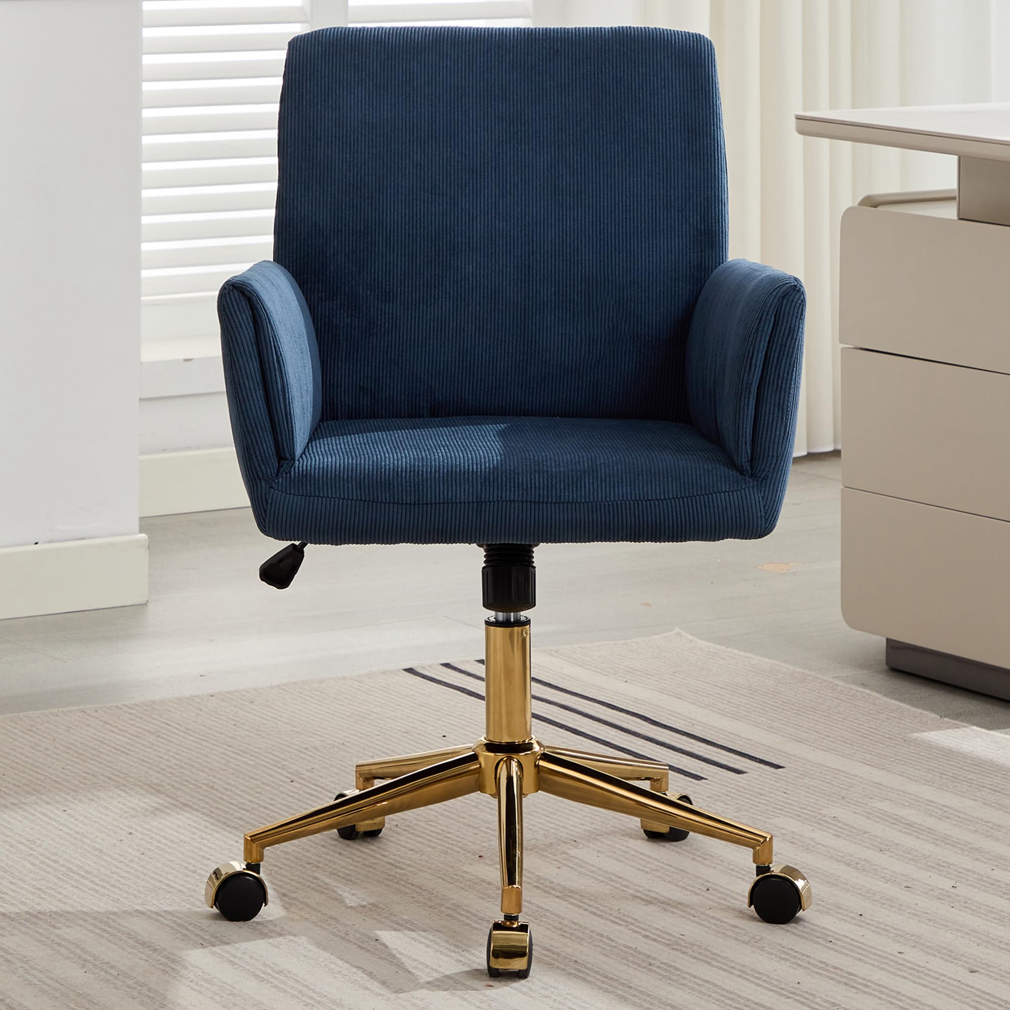 Stripes Velvet Home Office Desk Chair Accent Upholstered Modern Height Adjustable 360° Armchairs with Gold Base for Women Girls Ergonomic Study Seat Computer Task Stools for Living RoomïŒNavy BlueïŒ