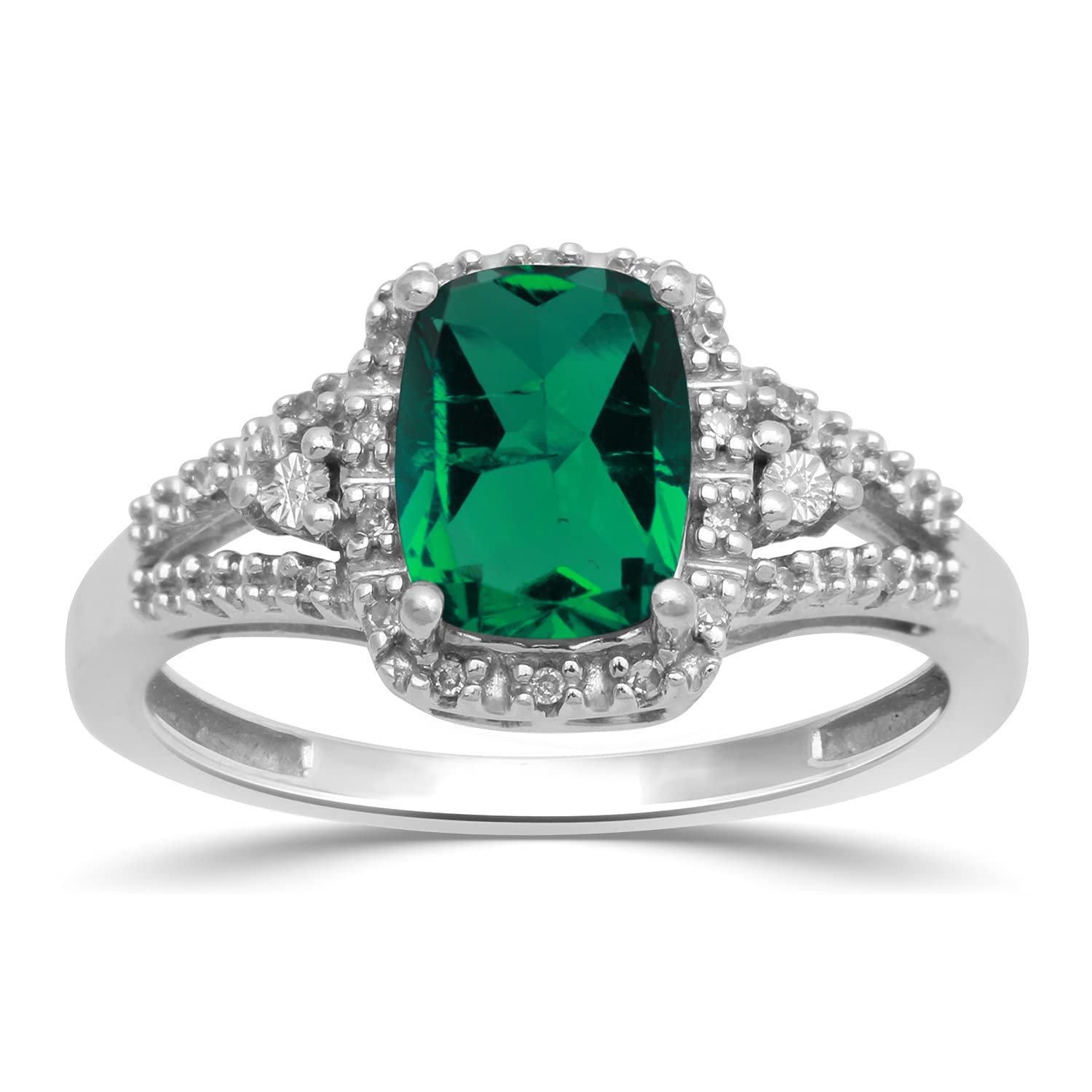 Jewelili 10K White Gold 8x6 MM Cushion Shape Simulated Emerald with Natural White Round Diamond Accent Ring, Size 7