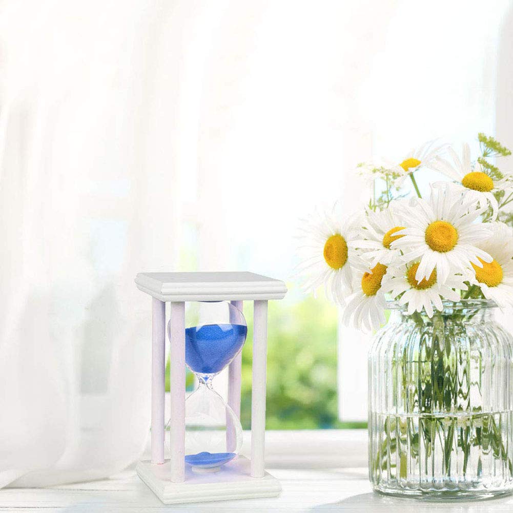 One Hour Hourglass Sand Timer Wooden White Frame Stand Sandglass Clock Timer for Office Kitchen Home Decor (Blue Sand, 60 min)
