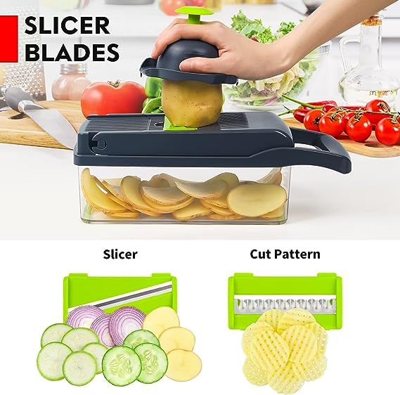 RedRoko Vegetable Chopper with Container - Multifunctional Vegetable Cutter, Veggie Chopper, Onion Cutter, Kitchen Choppers and Dicers, Fruit and Vegetable Chopper, 16 in 1 Food Chopper with 8 Blades