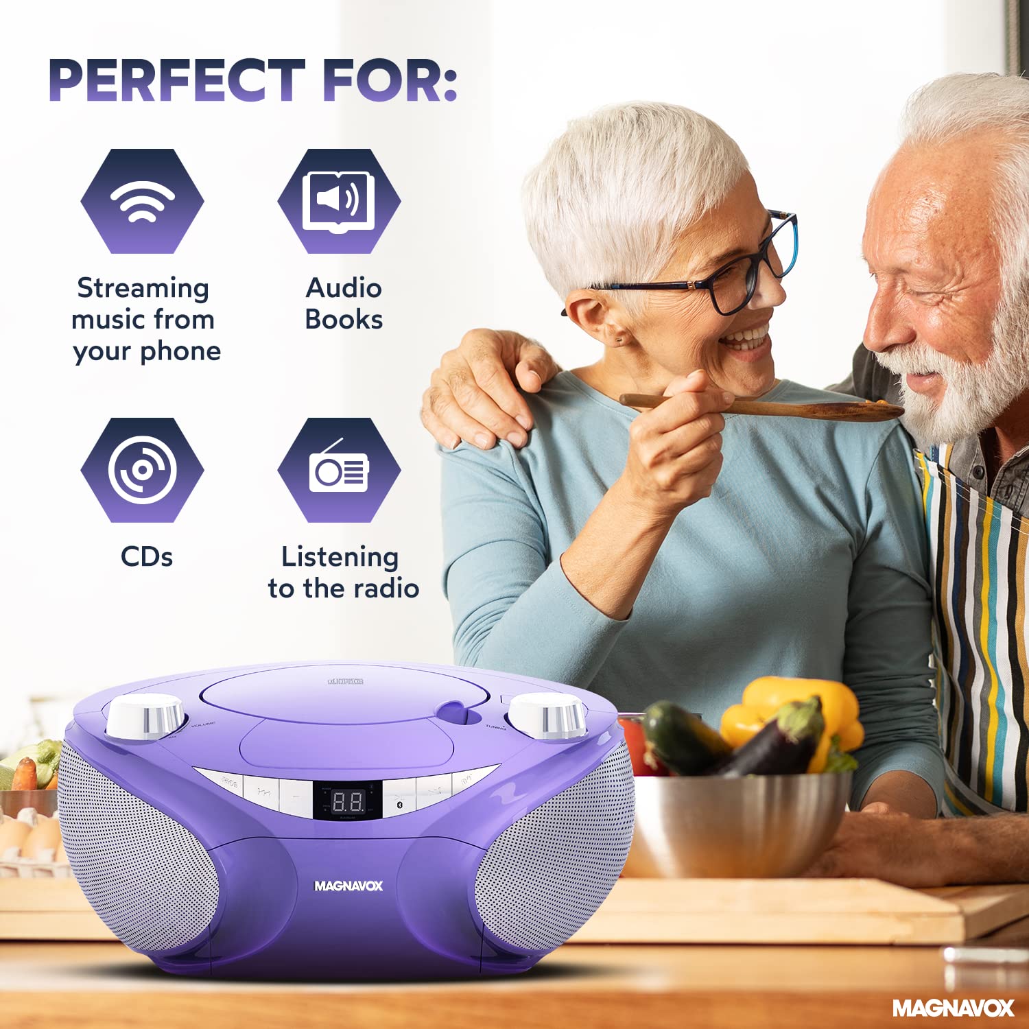 Magnavox MD6949 Portable Top Loading CD Boombox with AM/FM Stereo Radio and Bluetooth Wireless Technology in Black | CD-R/CD-RW Compatible | LED Display | (Purple)