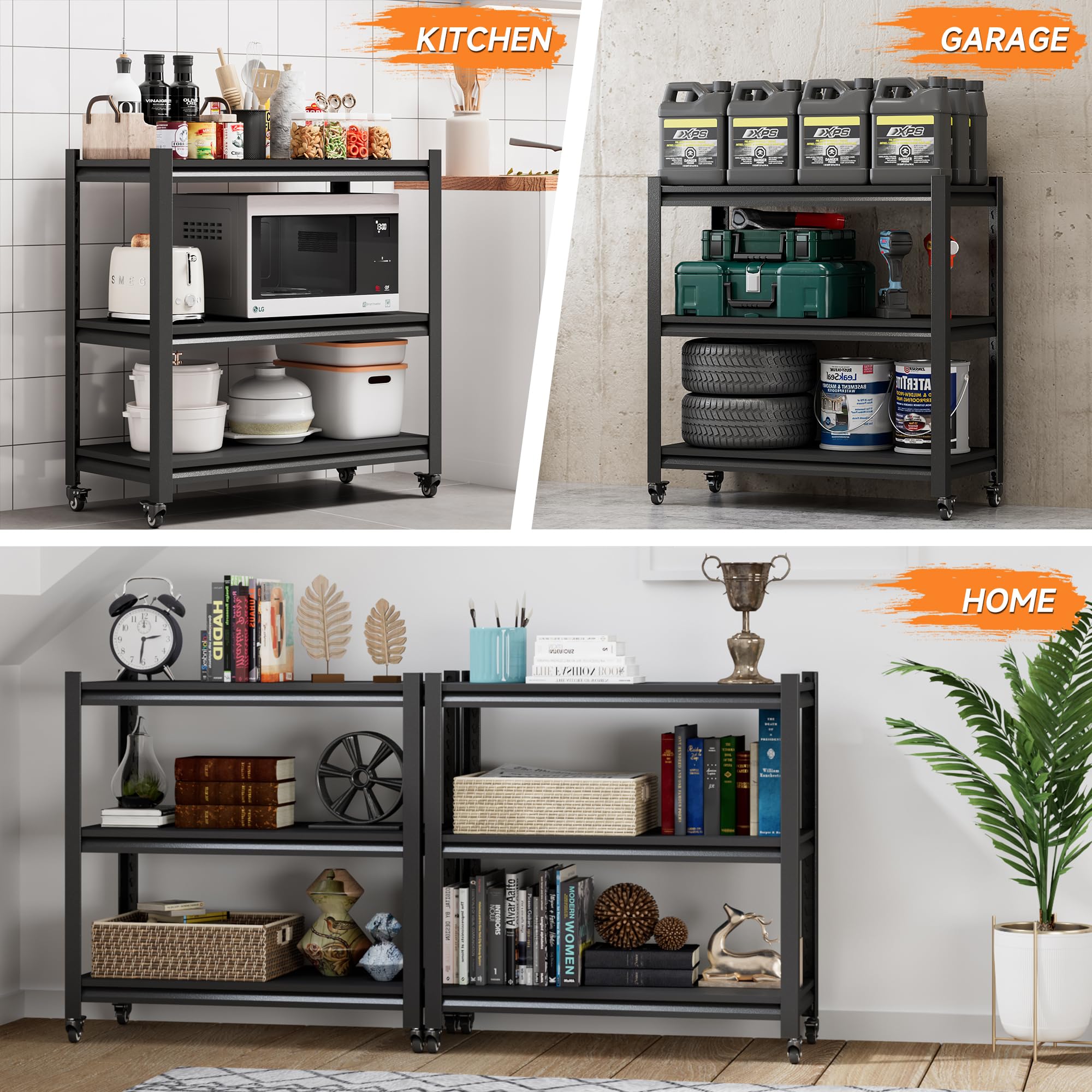 Topass Storage Shelves, Bakers Rack with Wheels, 3-Tier Metal Shelving Unit with Wheels for Kitchen Garage Office, Kitchen Stand with Adjustable Rack (18" D x 34" W x 32" H)