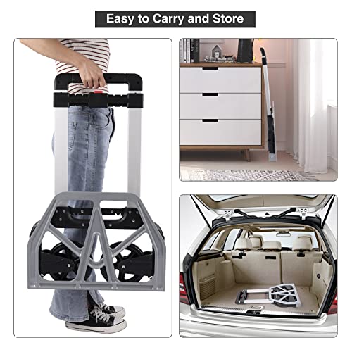 RedSwing Folding Hand Truck 330lbs, Aluminium Portable Hand Cart with Telescoping Handle, Heavy Duty Dolly with 2 Rubber Wheels, Silver