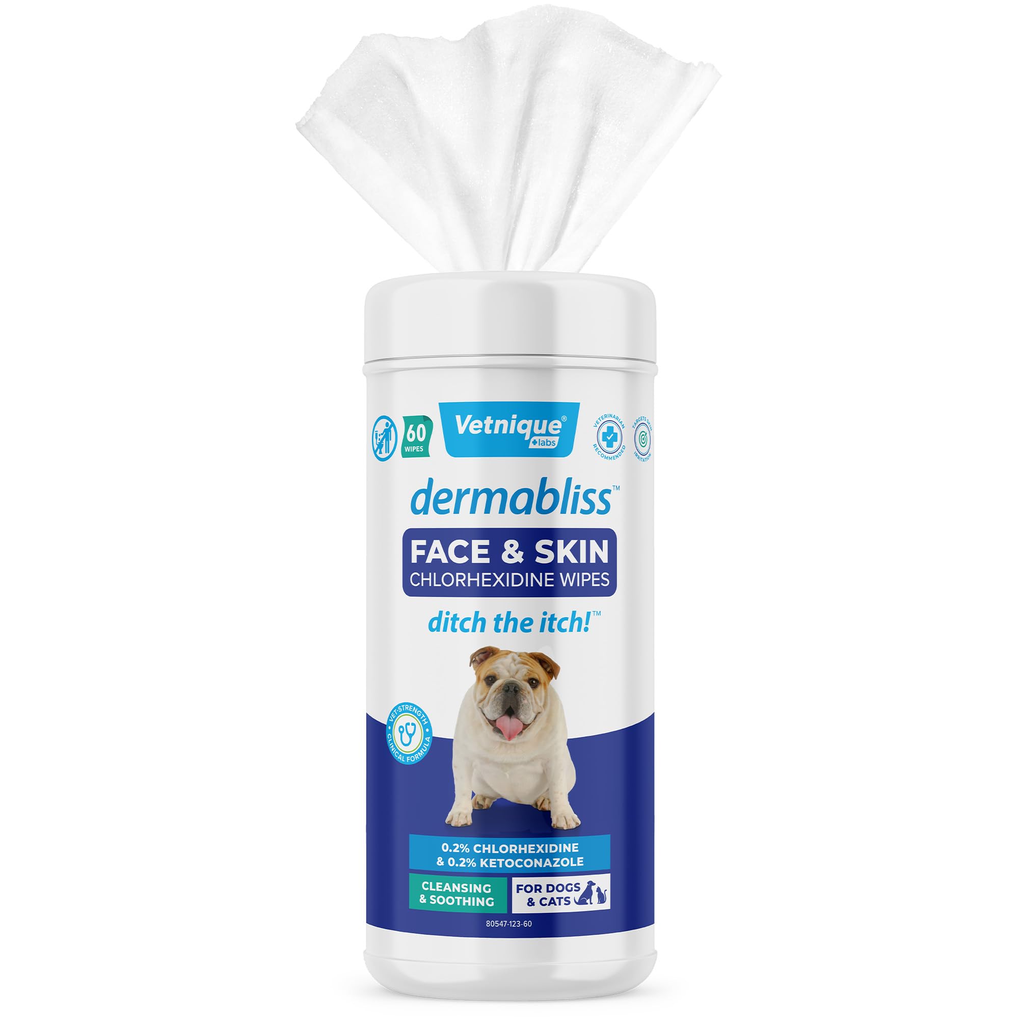 Vetnique Dermabliss Dog Face Wipes - Medicated Chlorhexidine Wipes for Dogs with Wrinkles, French Bulldog, English Bulldog Dog Grooming Wipes Cleaning & Deodorizing Dog Wipes 60ct