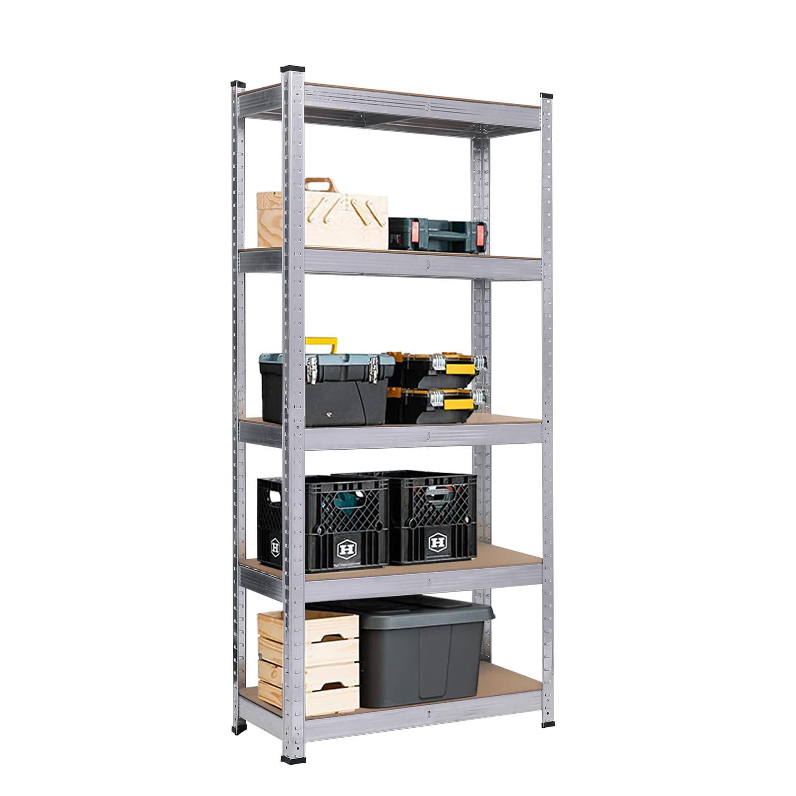 Heavy Duty 5-Tier Adjustable Metal Shelving Unit Utility Rack Shelves,Reversible Metal Storage Shelving with Foot Pads for Warehouse, Basement, Kitchen- Silver