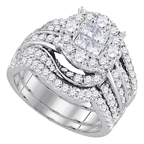Jewels By Lux 14kt White Gold Womens Princess Round Diamond Soleil Bridal Wedding Engagement Ring Band Set 2-1/2 Cttw Ring Size 5.5