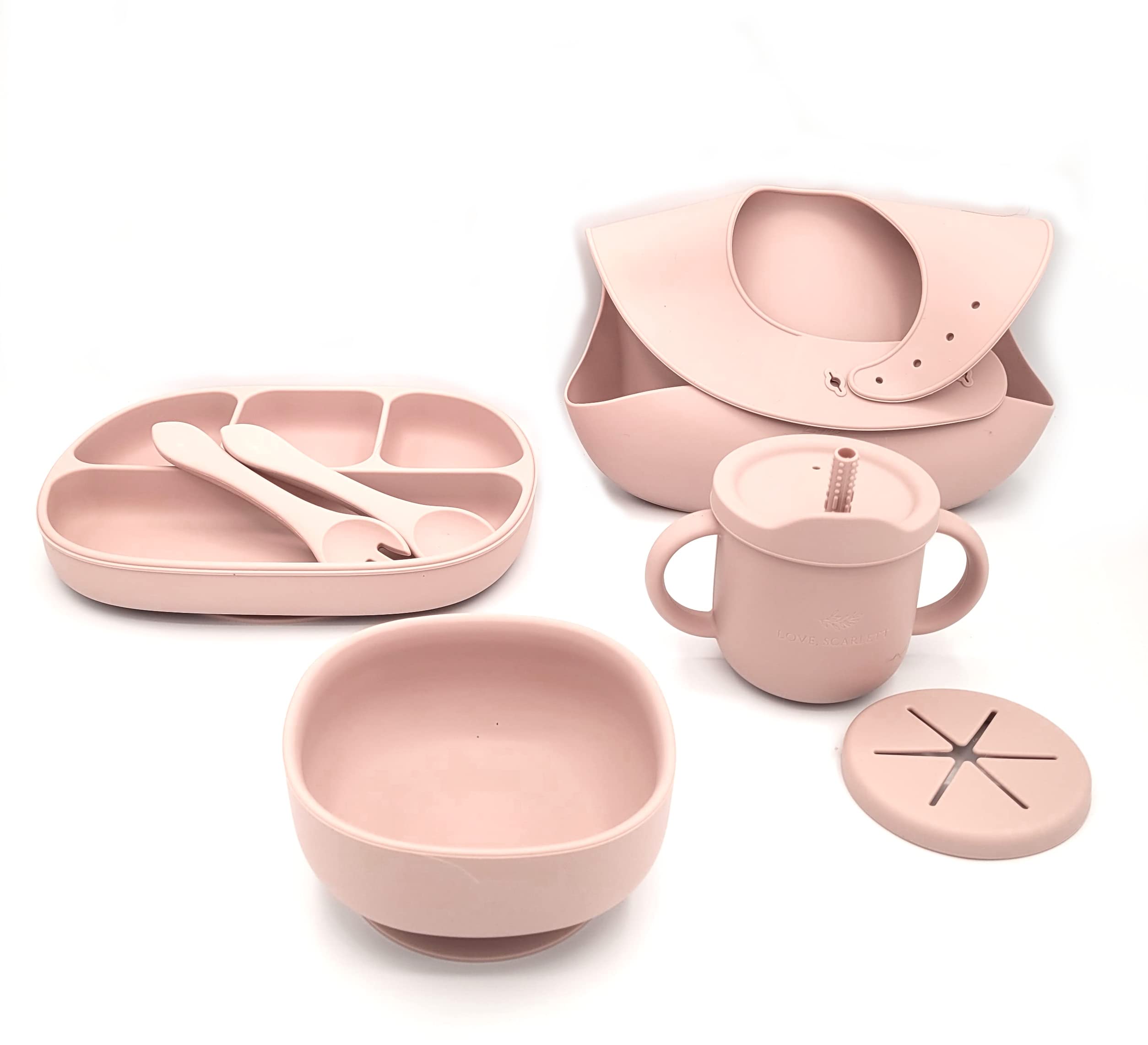 Silicone Baby Feeding Set 8 Piece With Adjustable Bible, Suction Bowl, Suction Divided Plate, Straw Cup, Snack Cup, Spoon & Fork Utensil Set BPA Free