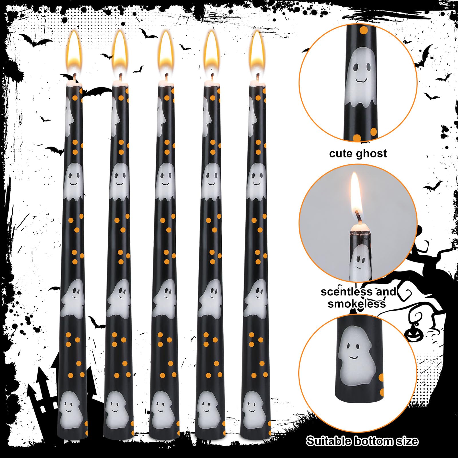 Threlaco 6 Pcs 9.8" Black Halloween Taper Candles Ghost Candles Unscented Taper Candles Ghost Halloween Decor for Halloween Dinner Table Party Gift Home Decorations