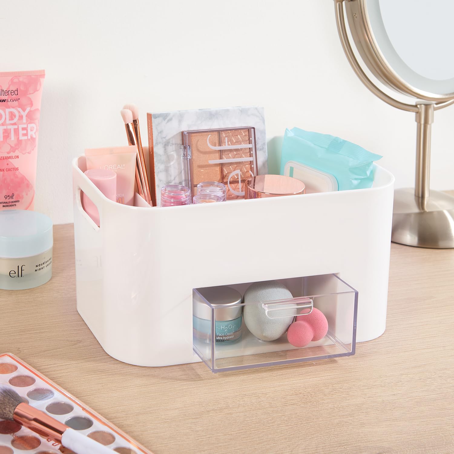 STORi Bliss White Makeup Organizer for Countertop, Divided Bathroom Organizer & Storage Drawer, Makeup Brush Holder, Cosmetic & Nail Polish Organizer, Made in USA