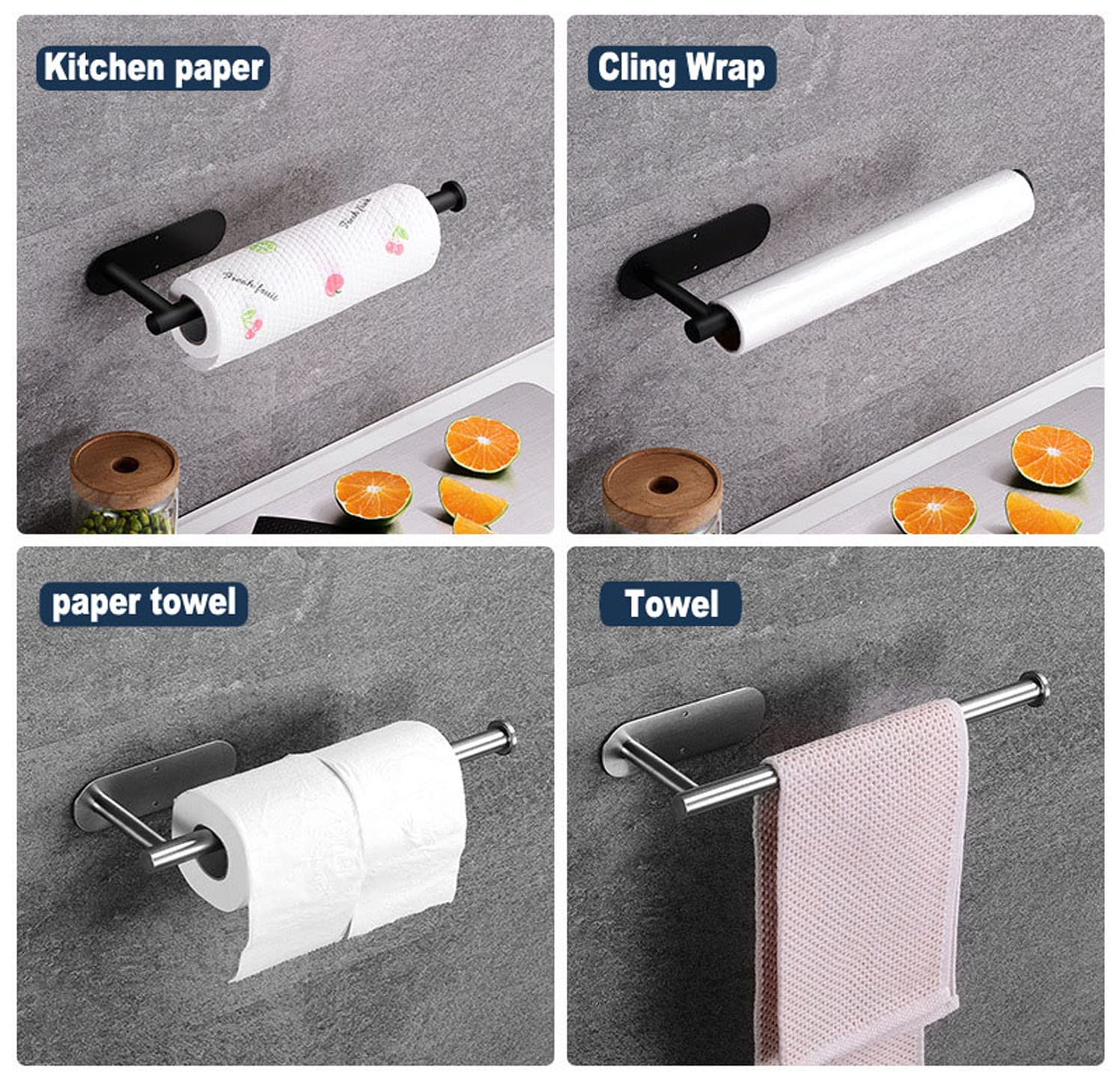 Paper Towel Holder, SUS304 Stainless Steel Paper Towel Holder Under Cabinet, Self Adhesive and Drilling for Kitchen, Counter, Cabinet, Bathroom