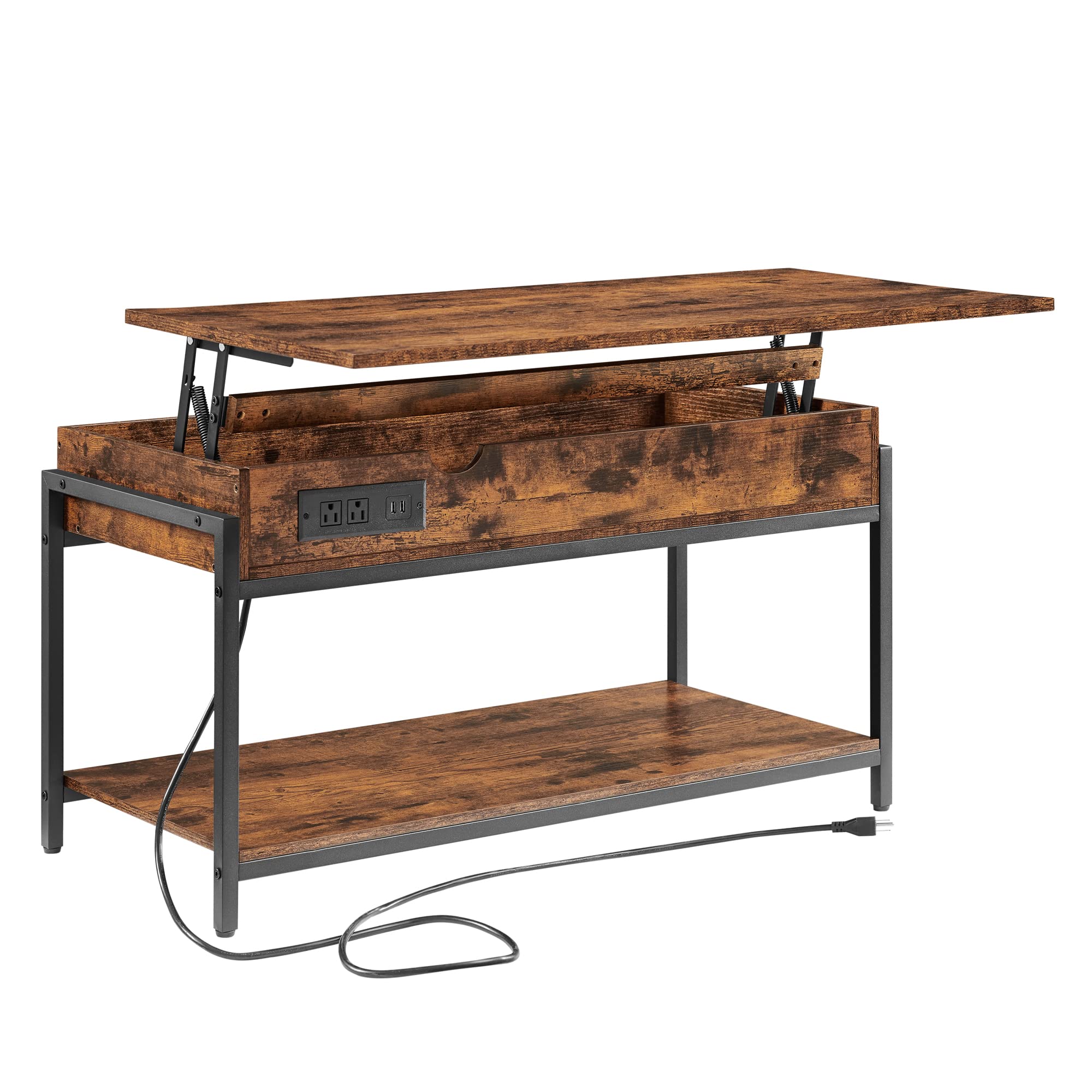 Hzuaneri Lift Top Coffee Table - with Charging Station, Modern Coffee Table with Hidden Compartment and Open Shelf, Metal Frame, for Living Room, Office Reception, Rustic Brown and Black 01701BCT