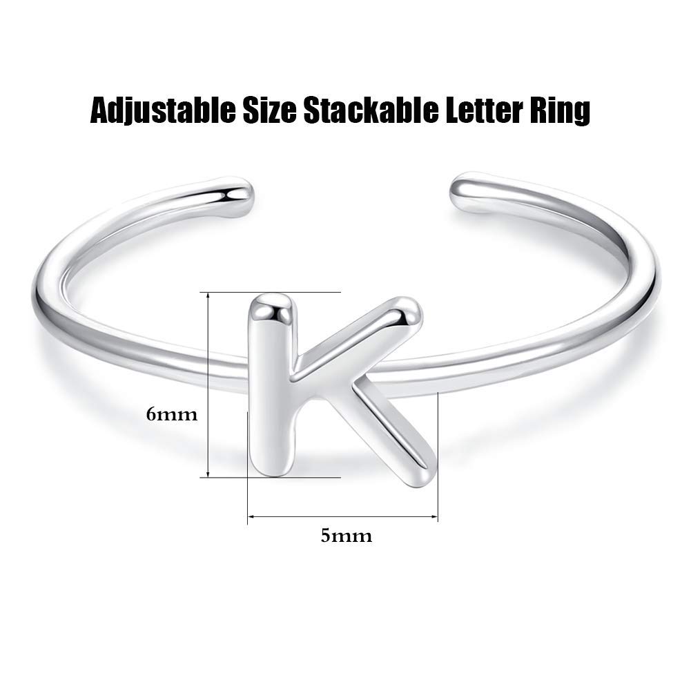 MILACOLATO Sterling Silver Initial Ring for Women Minimalist Letter Ring Charm Stackable Band Adjustable Knuckle Rings, Initial K