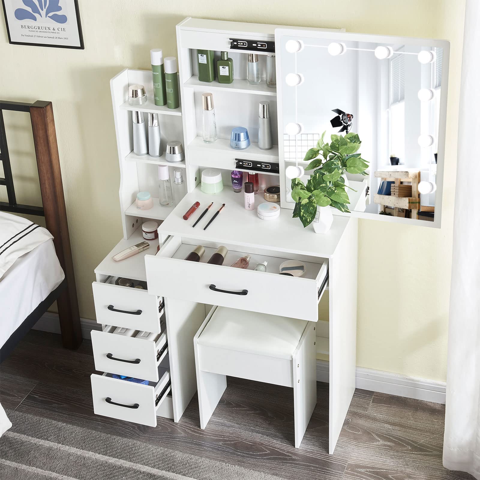 JBLCC Makeup Vanity Table with Lighted Mirror,Makeup Vanity with Power Outlet and Drawers, Storage Shelves, Vanity Desk for Woman Girls, White (5903USB)
