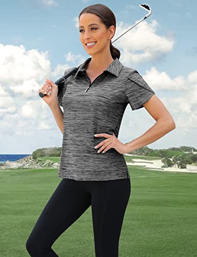 Viracy Golf Shirts Women, Collared T Shirts Overlap Short Sleeve 1/4 Zip Up Workout Tops Quick Dry Breathable Sun Protection Tops,Dark Grey-XL