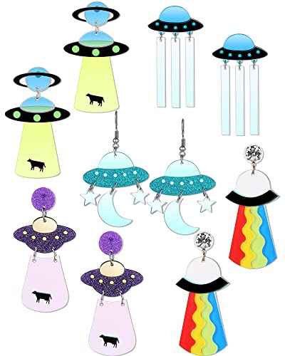 MTLEE 5 Pairs UFO Aliens Acrylic Earrings Cosmos Weird Earrings Women Novelty Fun Earrings Halloween Alien Earrings Glitter Space Earrings Cute Dangle Earrings for Girls, Multiple Colors