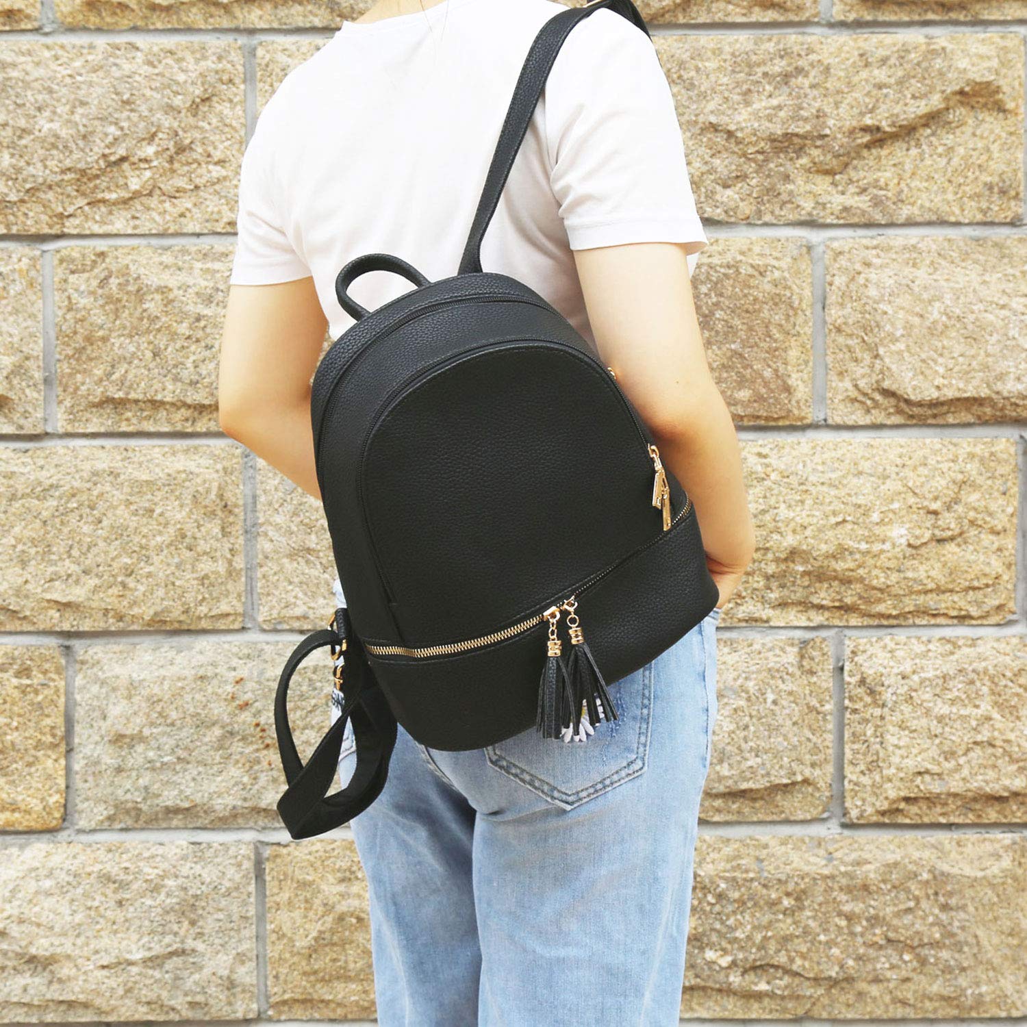 KKXIU Backpack for Women Cute Small Leather Purse with Tassel (Black)