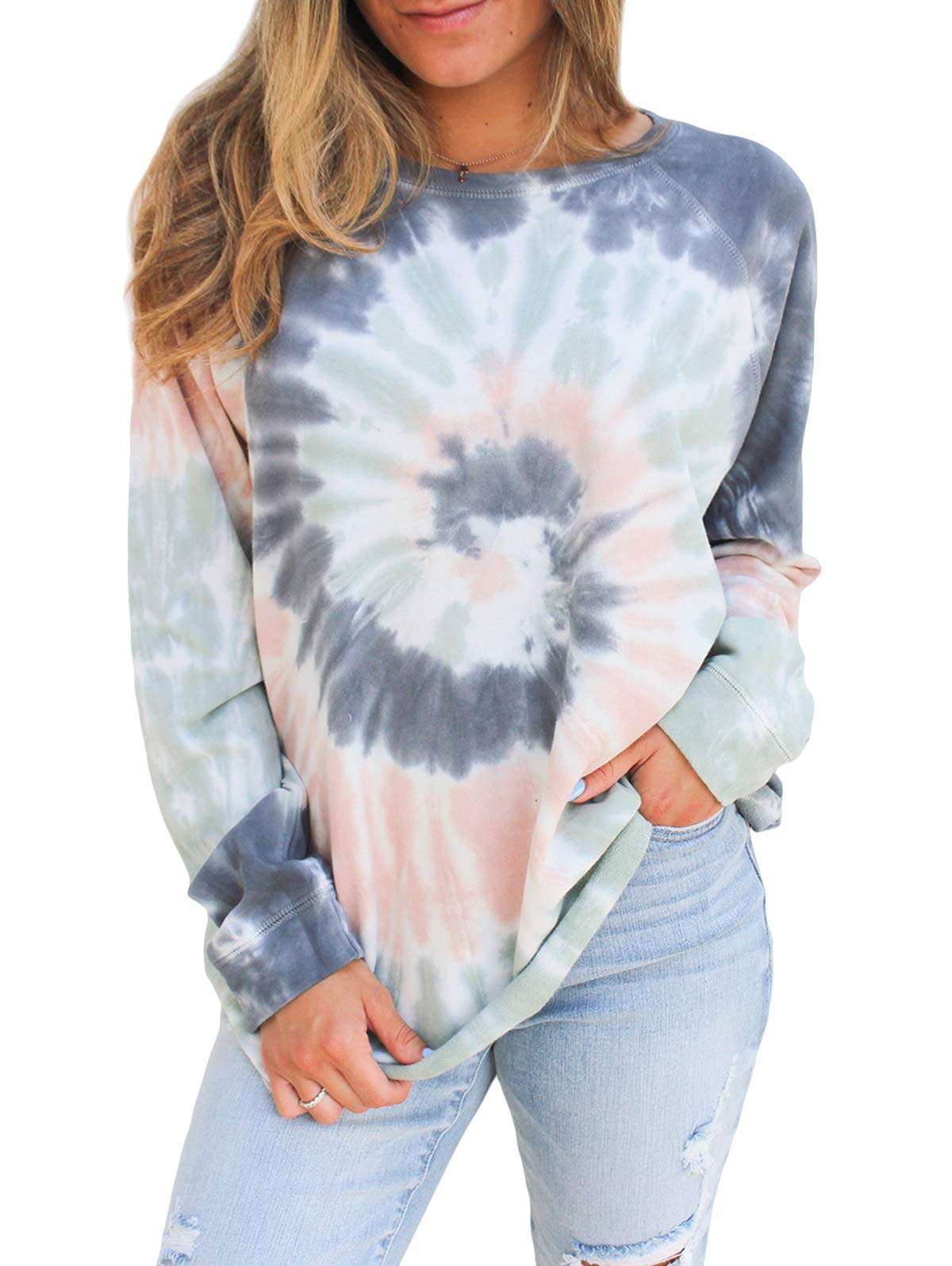 LANREMON Women's Tie Dye Sweatshirts Casual Crewneck Long Sleeve Tops Color Block Pullover Shirts multi S