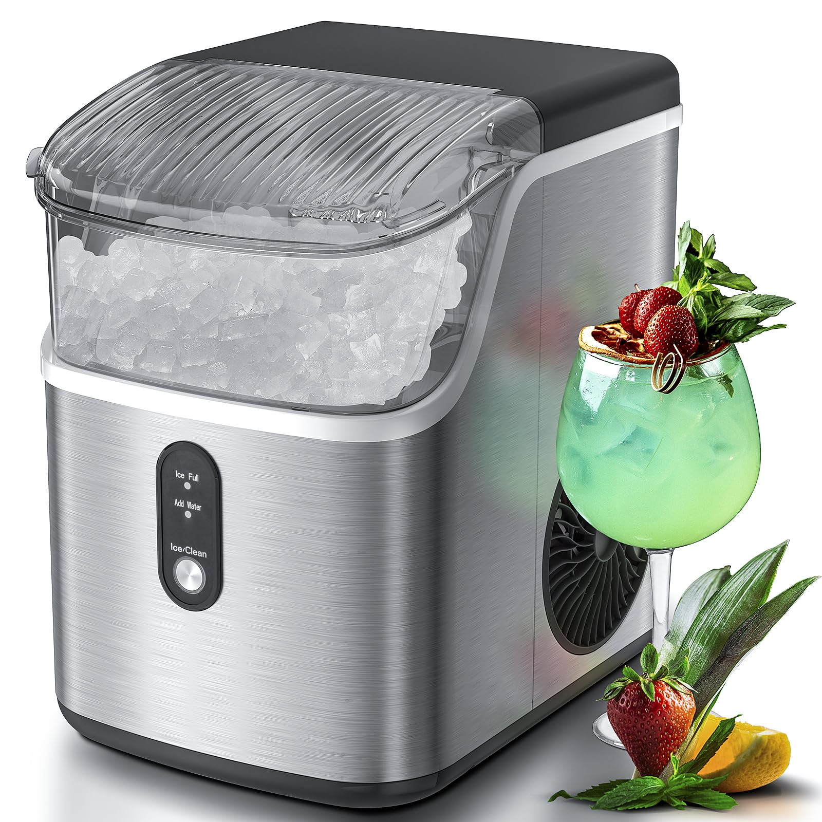 ZAFRO Nugget Ice Maker Countertop,One-Click Self-Cleaning Portable Ice Machine with Ice Scoop and Basket,Soft Chewable Ice in 7 Mins,35lbs/24H,for Home Kitchen Office Party,Stainless Steel Silver