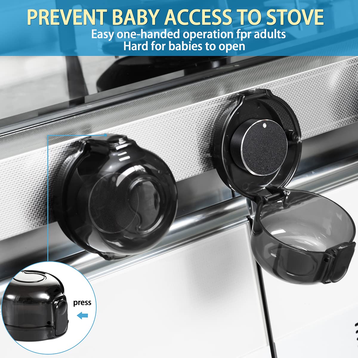 Stove Knob Covers Child Safety - Pack 5 Upgraded Double-Key Locks Gas Stove Knob Covers, Oven Stove Baby Proof Knobs for Gas Range Guard Kitchen Childproof/Kids Proofing, Universal Clear Black