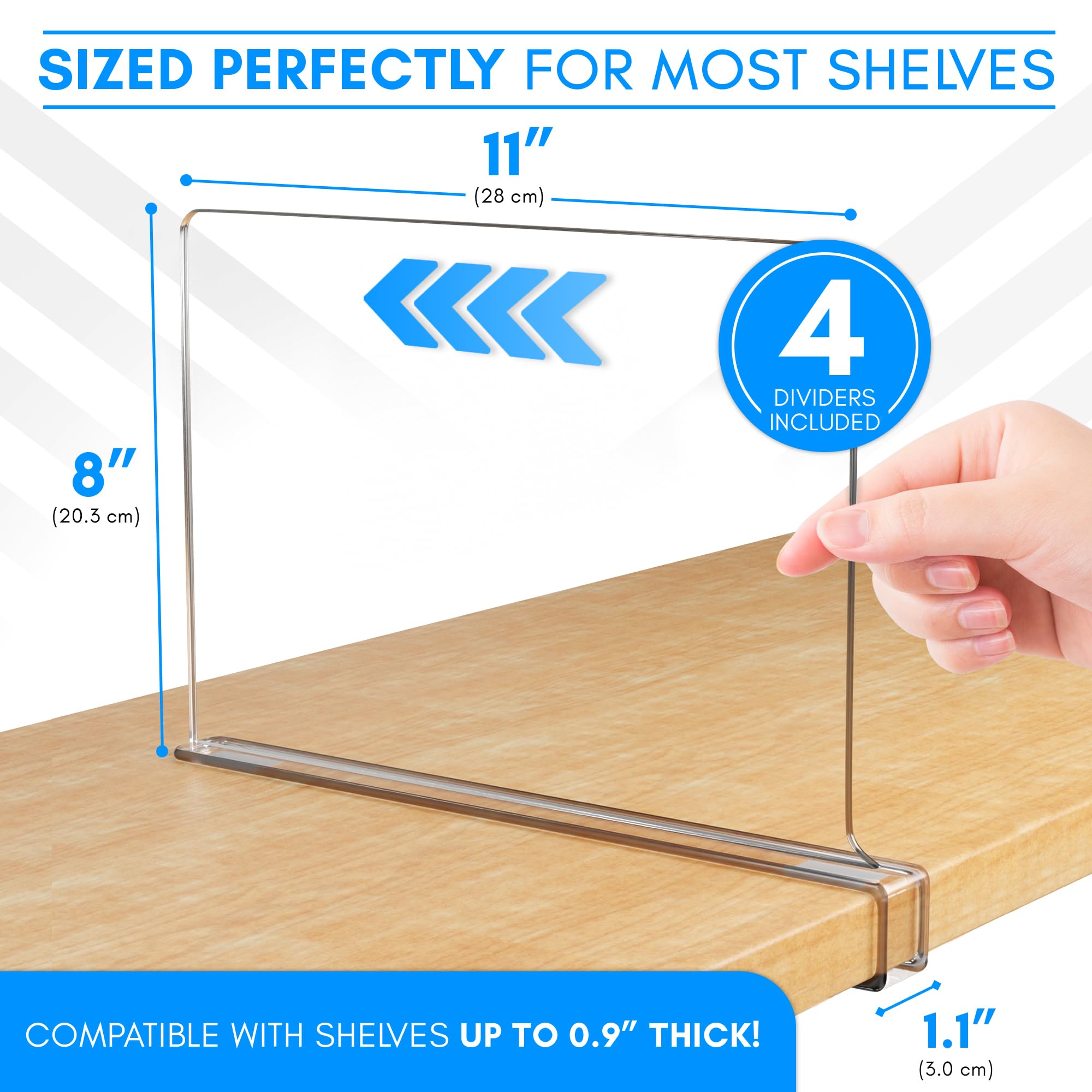 VooValley 4Pcs Clear Acrylic Shelf Dividers for Closets, Vertical Shelves - Sturdy Closet Shelf Organizer with 4 Hooks and Tape - Easy to Install Tall Shelf Separators for Bathroom, Pantry, and More