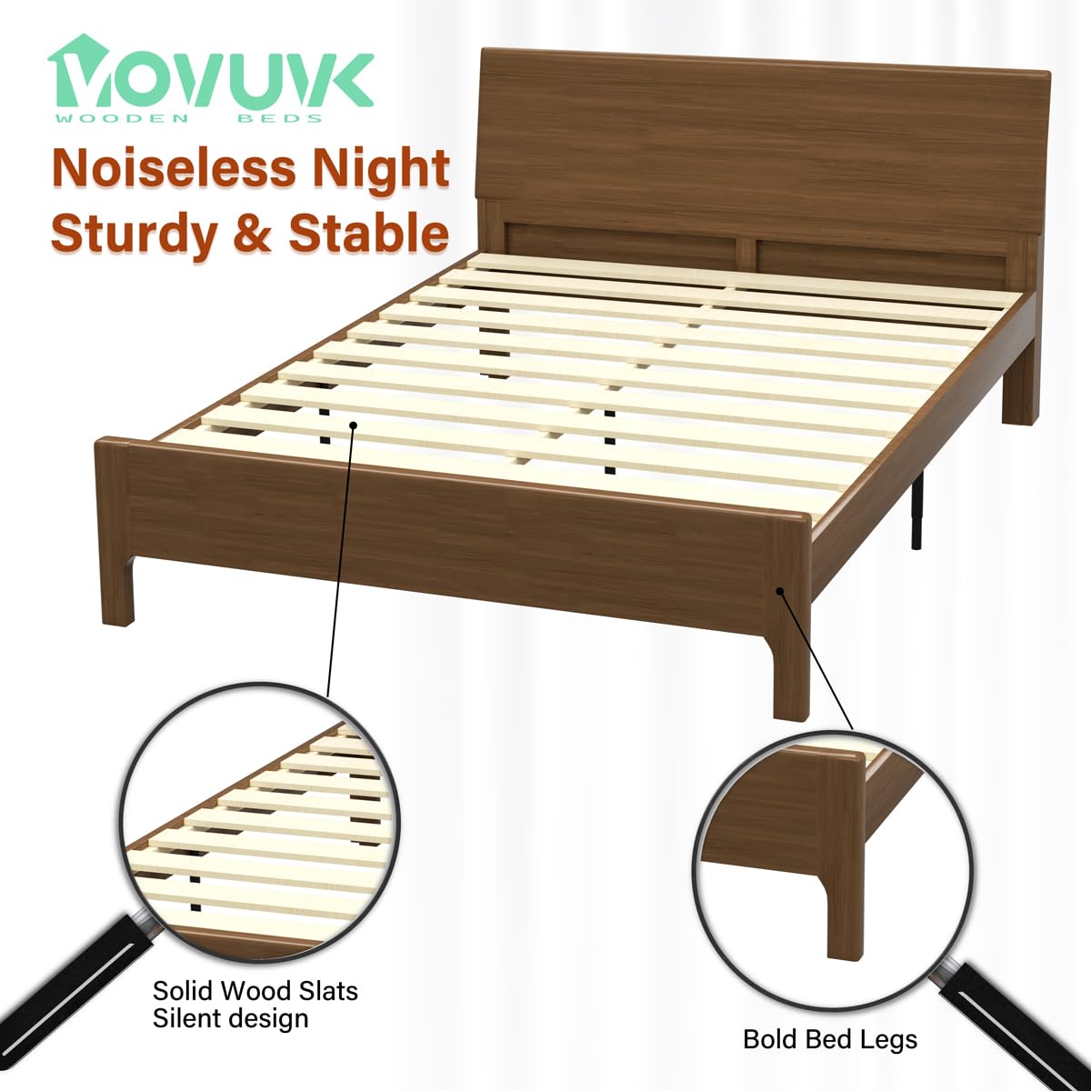 VOVUVK Queen Solid Wood Bed Frame with Headboard, Mid Century Modern Wooden Platform Bed, Wooden Bed Slats, No Box Spring Needed, Noise Free Easy Assembly (Walnut)