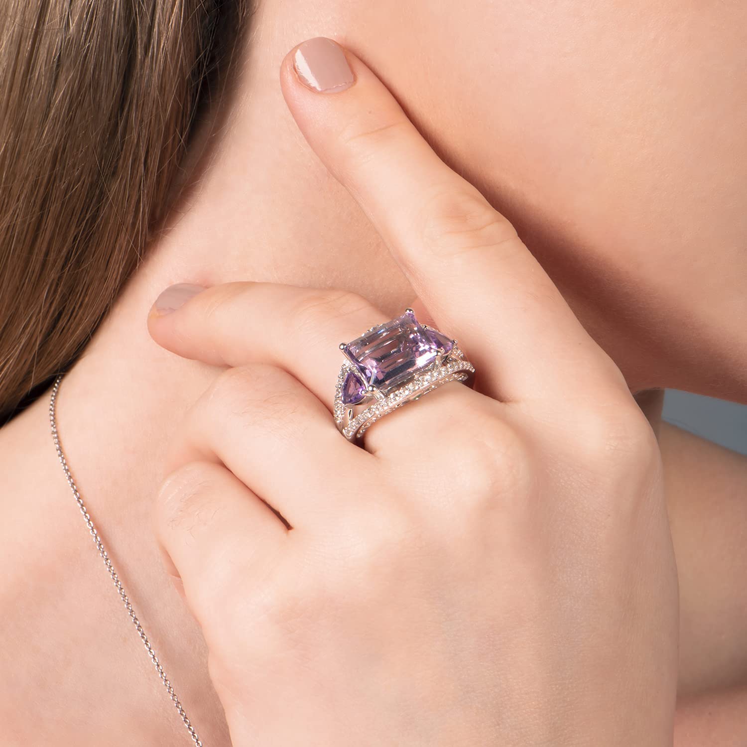 Jewelili Sterling Silver 12x10MM Octagon and 5MM Trillion Amethyst with 1.5MM Round Emerald and White Topaz Three Stone Ring, Size 7