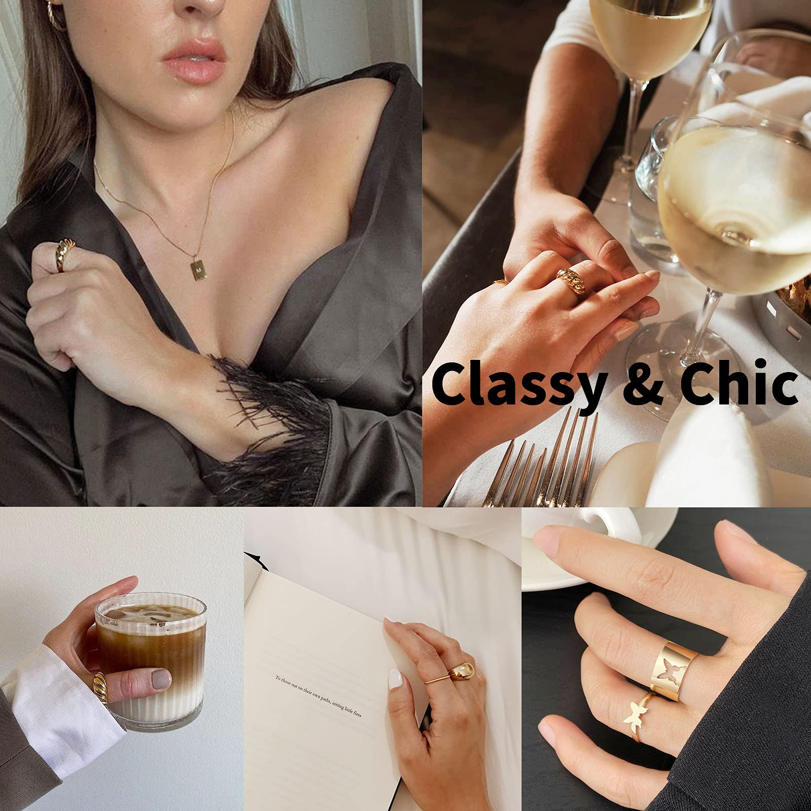 MUCAL Gold Rings for Women 4pcs 14K Love Leaves Gold Stackable Ring Set Minimalist Gold Filled Band Rings (18K Gold Plated, 8)