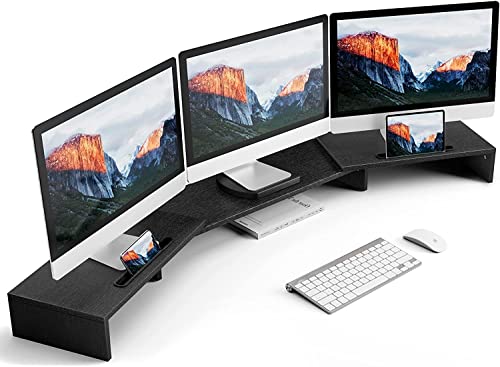 LORYERGO Triple Monitor Stand, 52 Inch Long Large Monitor Riser with 2 Slots for Phone & Tablet, Length and Angle Adjustable Computer Stand, Desktop Stand for Computer, Screen, Tablet, Printer