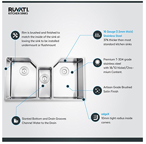 Ruvati 35" Triple Bowl Undermount 16 Gauge Stainless Steel Kitchen Sink - RVH8500
