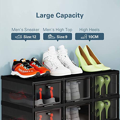 Zarler 18 Compartments Collapsible Drop Front Shoe Storage Boxes, Instant Assembly Shoe Organizer for Closet Clear Hard Plastic Stackable, Men Size 12 Sneaker Display Shoes Containers, Black