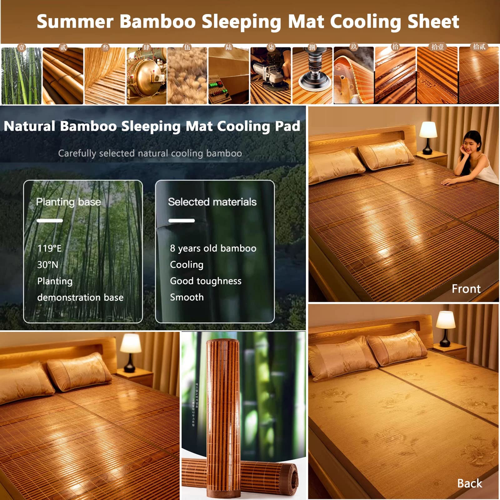 Summer Cooling Bamboo Sleeping Mat, Double-Sided Single/Twin/Queen Folding Mattress Topper Pad,Breathable Smooth Bed Sheet Air Conditioning Mat，Summer Bedding for Home School Dorm(with Pillowcase) (S
