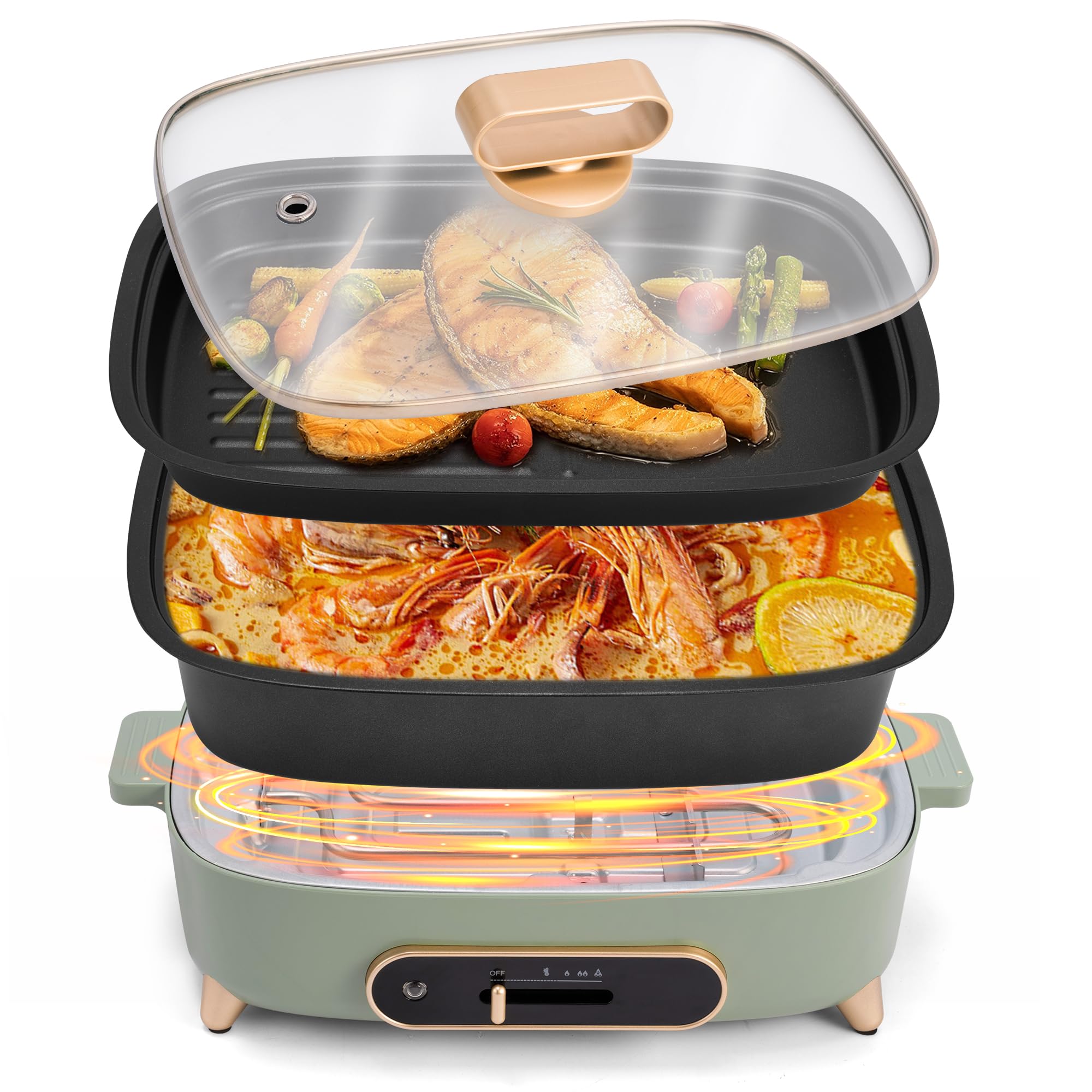 SUSTEAS 2 in 1 Electric HotPot with Removable Grill Pan, Non-Stick Skillet & 4L Shabu Shabu Pot,1200W with Slide Power Control for Frying,Grilling,Outdoor Camping BBQ, Family & Friend Gathering Party