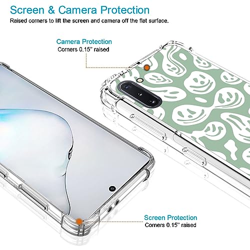 zaztify Phone Case for Samsung Galaxy Note 10 5G/4G, Pastel Green White Funny Trippy Dripping Smile Melted Hippie Smiling Skull Ghost Face Cute Pattern Shockproof Protective Soft Clear Cover Shell