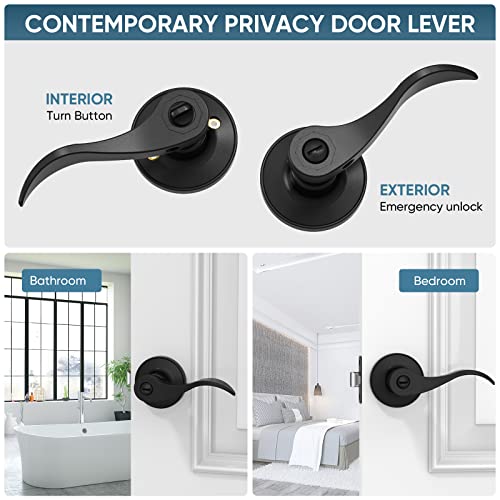 TICONN Black Door Handle, Traditional Wave Style Matte Black Reversible Door Lever for Interior Doors and Closet (Privacy Lock, 5-Pack)