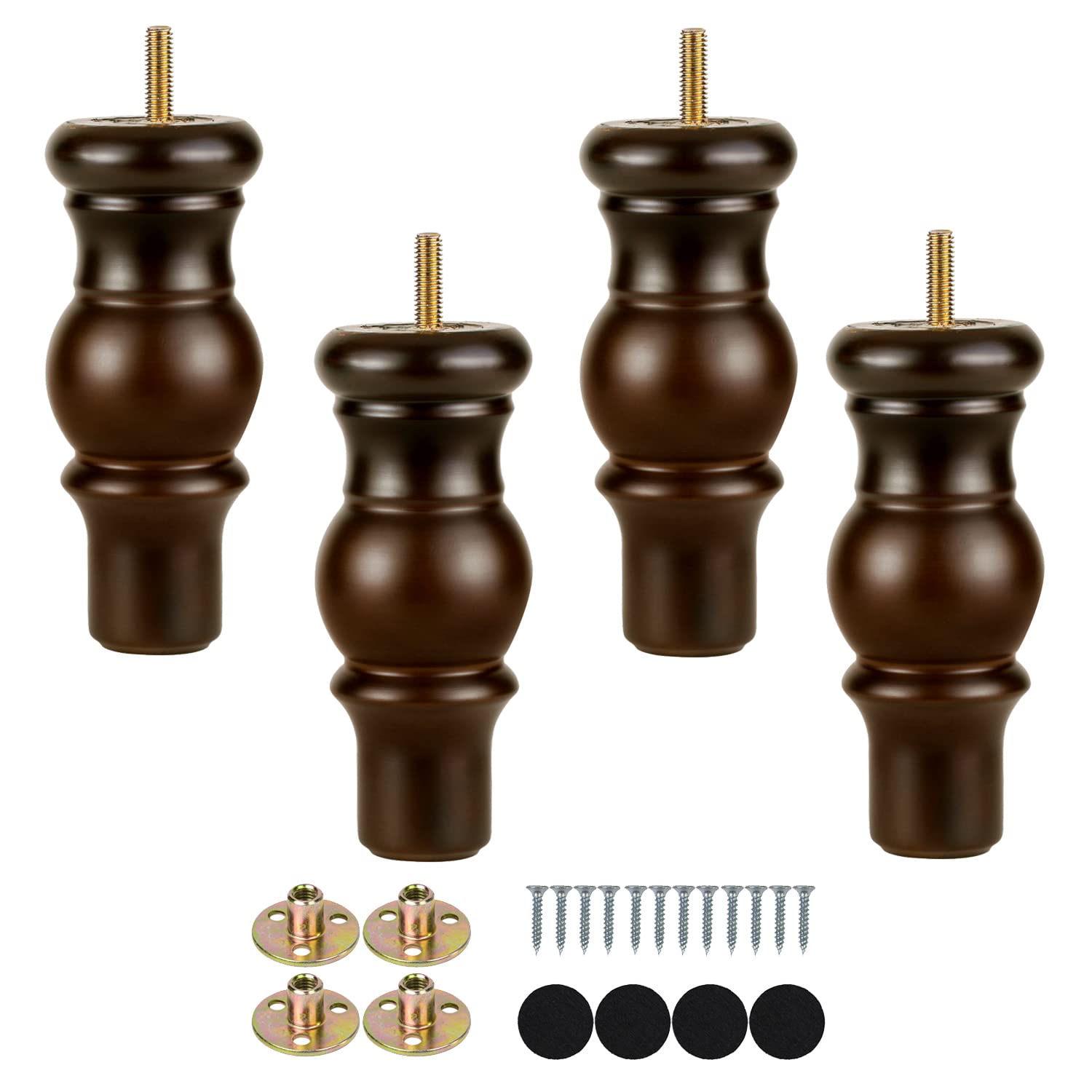 Maricome 6 Inch Wood Sofa Legs Walnut Turned Round Bun Wooden Furniture Legs Set of 4
