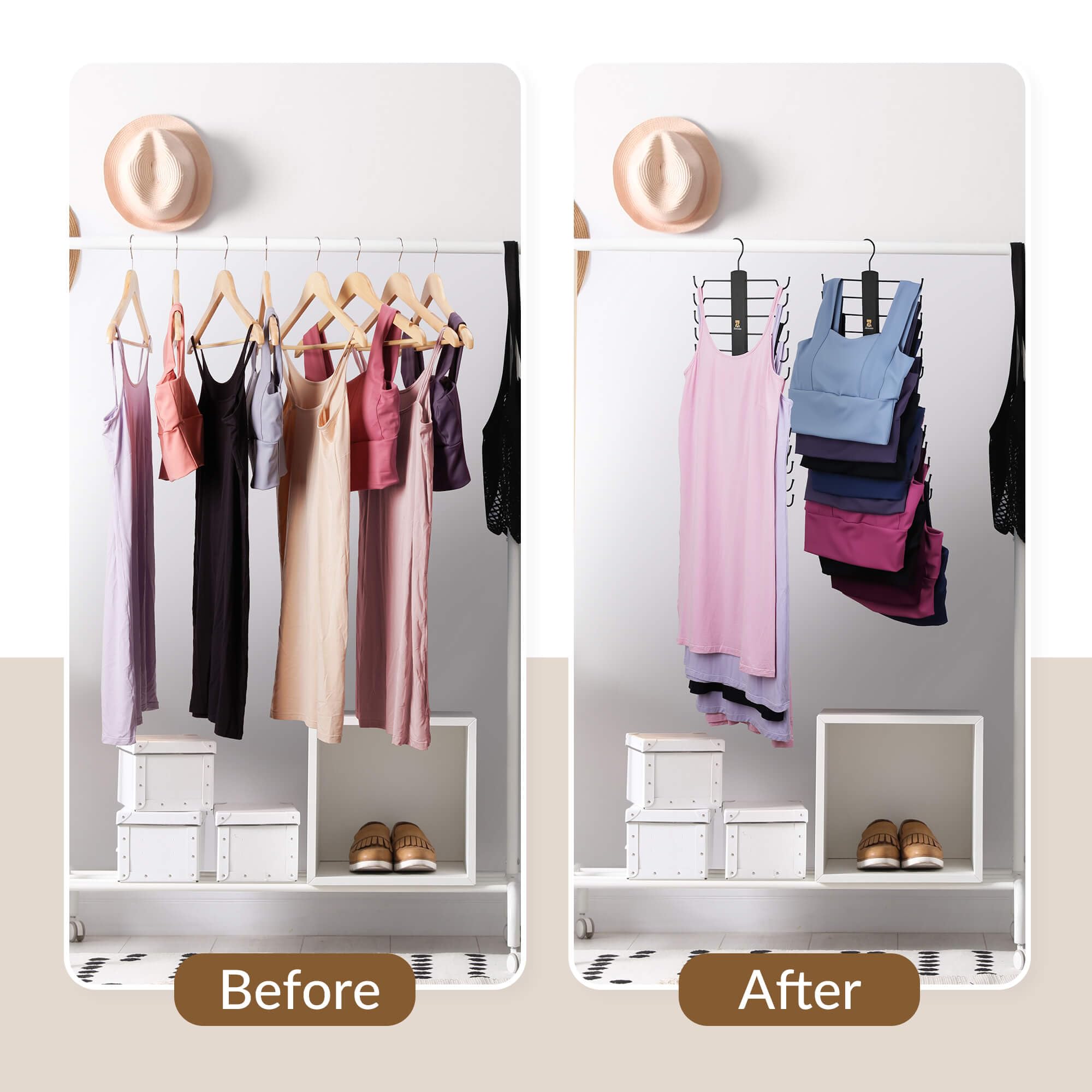 ZEDODIER Tank Top Hanger,2 Pack Wooden Bra Organizer for Closet, 12 Storage Capacity, Top 360° Rotation, Hanging Space Saving Hook for Tank Tops, Sport Bras, Camisoles, Lingeries, Black