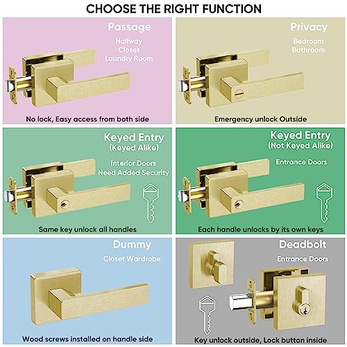 TICONN Door Handle Heavy Duty, Reversible Square Door Lever for Bedroom, Bathroom and Rooms (Satin Brass, Privacy)