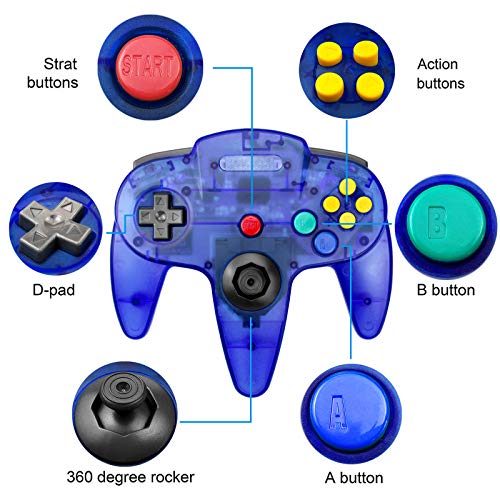 King Smart N64 Controller, Wired N64 Video Game with Upgraded Joystick for Original N64 Console (Sapphire Blue and Clear Purple)